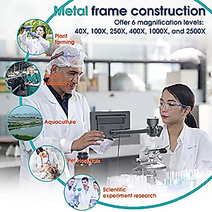 Microscope for Adults with 40X-2500X Magnification,Dual-View Lab Compound Monocular Microscopes with Adjustable Thermostat Mechanical Stage, WF10X/25X Eyepiece, 7'' LCD Screen, Built in 5MP Camera