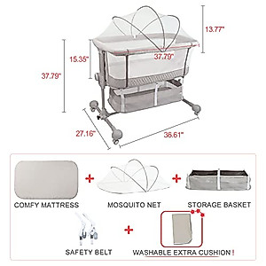 HAHASOLE Bedside Sleeper for Baby, Portable Bassinets for Safe Co-Sleeping, Easy Assemble Baby Crib with Storage Basket & Mosquito, Adjustable Bedside Bassinet for Newborn