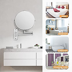 FFowcye 8” Wall Mounted Makeup Mirror - 1X/10X Double Sided Magnifying Bathroom Mirror, 360° Swivel Extendable Vanity Shaving Mirror with Adjustable Arm for Bathroom, Chrome（No Light）