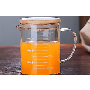 KINNOSE Graduated Beaker Mug with Handle and Durable Bamboo Lid Borosilicate Glass Multi-Function Food Grade Measuring Cup 350ML