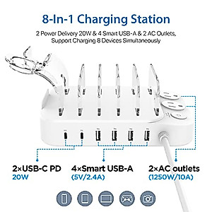 SooPii 70W 6 Port USB Charging Station for Multiple Devices With 2 AC Outlets,4 USB-A Ports and 2 USB C PD Ports,6pcs Mixed Charging Cables Included,Compatible for Tablets,Phones and Other Electronics