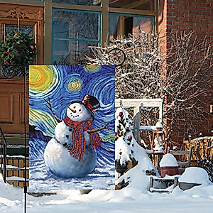 Winter Christmas Garden Flag 12x18 Double Sided, Burlap Farmhouse Small Starry Night Snowman Garden Yard Flags for Xmas Winter Seasonal Outside Outdoor House Holiday Decor (ONLY FLAG)