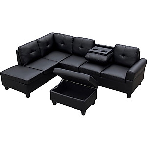EMKK 105" L-Shape Sofa Couch with Chaise Lounge,Modern Linen Fabric Upholstery Sectional Sofá with Storage Ottoman 2 Pillows for Living Room Furniture Set, Apartment and Large Space, Black PU