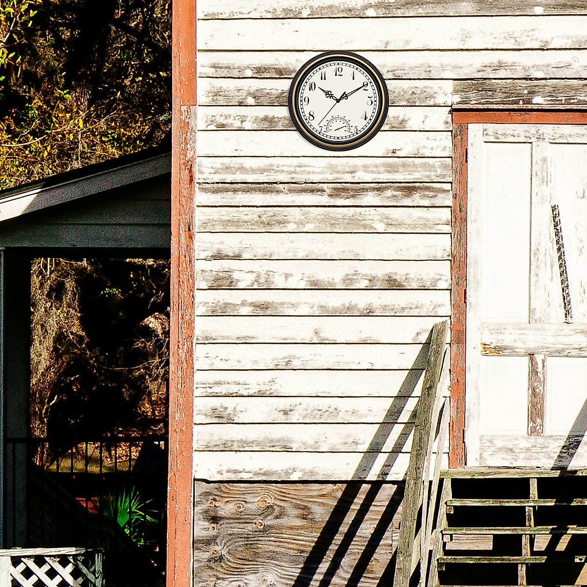 Lumuasky Indoor Outdoor Waterproof Wall Clock with Thermometer, Retro Silent Non-Ticking Battery Operated Round Clock for Garden Patio Yard Home (12 inch, Black Gold)