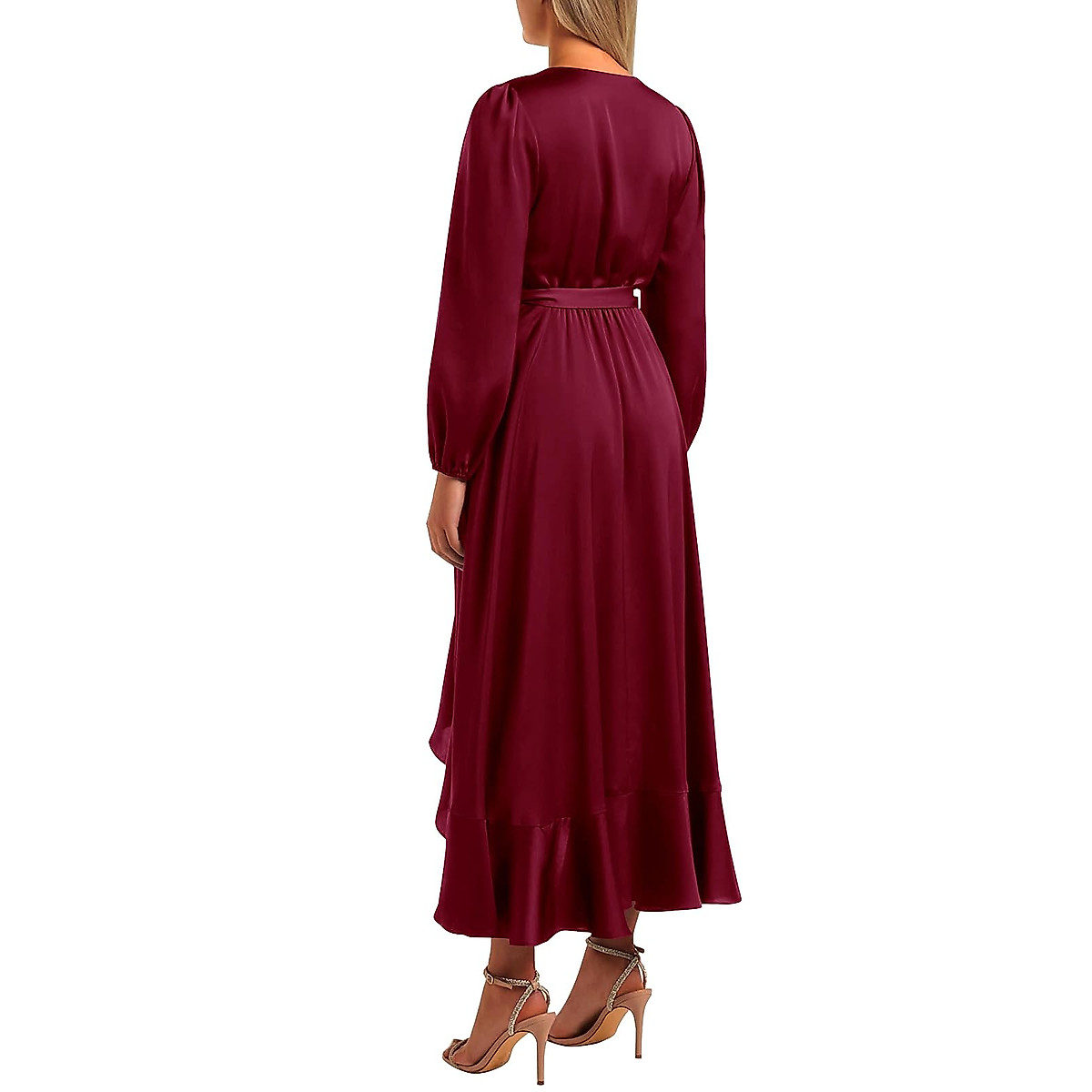 PRETTYGARDEN Women's Satin Fall Dress Semi Formal Satin Long Sleeve Wrap V Neck Ruffle Belted A-Line Flowy Maxi Dresses (Wine Red,Small)