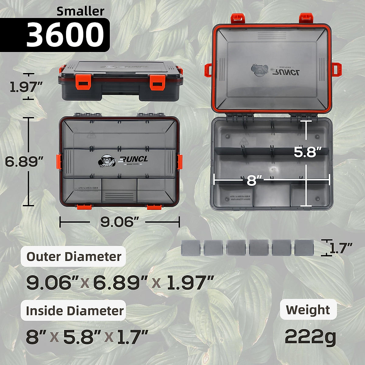 RUNCL Fishing Tackle Box, Waterproof Airtight Stowaway, 3600/3700 Tray Tackle Box with Adjustable Dividers, Plastic Storage Organizer(3700 and 2pcs smaller 3600)