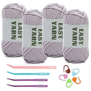 Yarn for Crocheting, Crochet Yarn, Easy Yarn, Beginners Yarn for Crocheting with Easy-to-See Stitches, Stitch Marker, and Elbow Needle Cotton Yarn for Crochet Light Grey(4x50g)