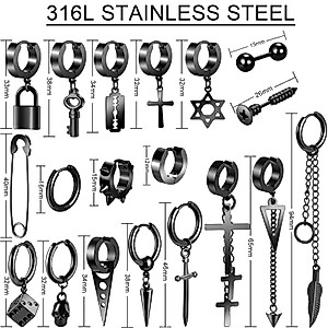 Black Cross Earrings for Men, 28 Pieces Stainless Steel Long Chain Dangle Piercing Hoop Earrings Set for Gifts (Black)