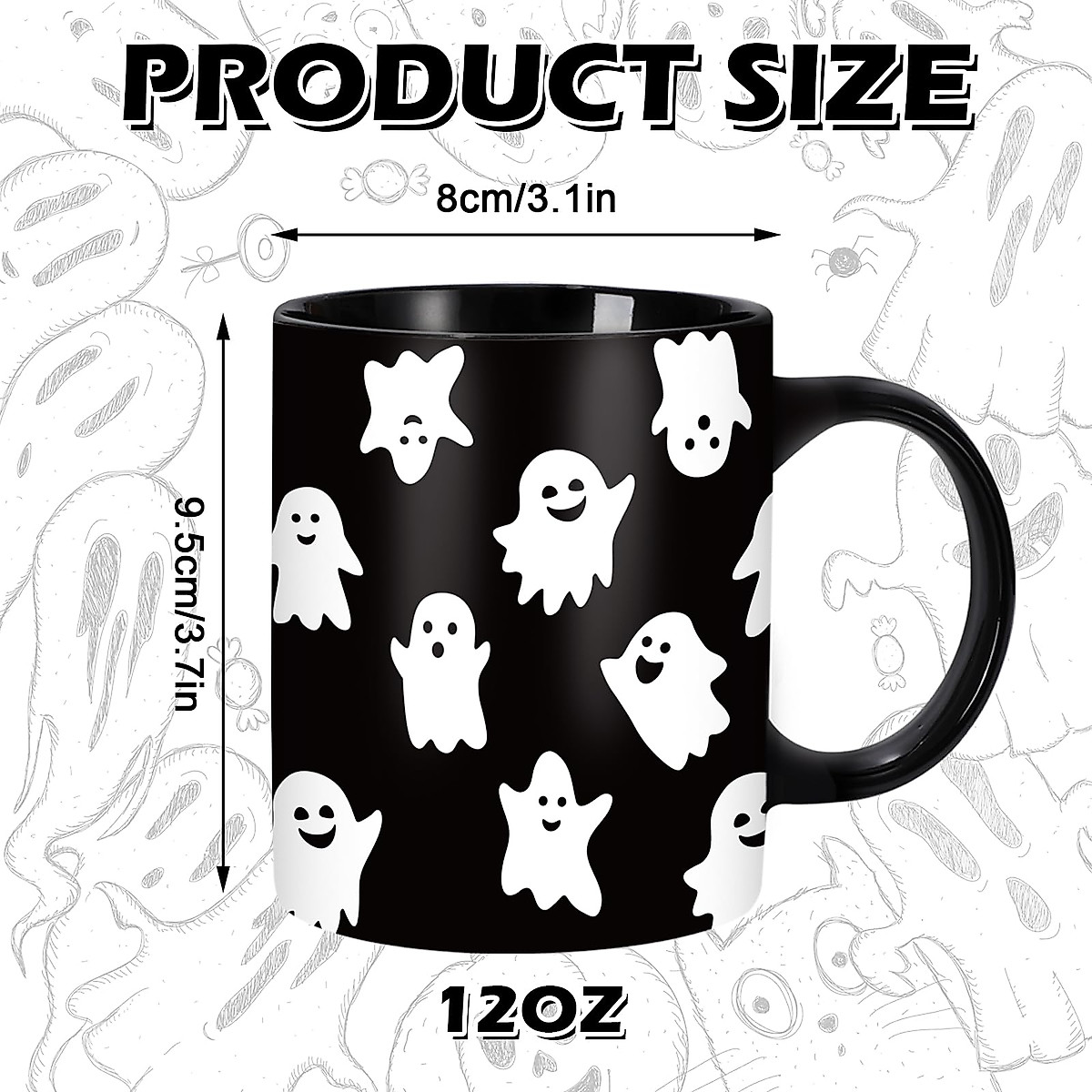 Whaline Halloween Mug 12oz Cute Ghost Coffee Mug Black White Ghost Ceramic Drinking Mugs Halloween Party Cups for Home School Office Table Centerpieces Housewarming Gift Party Supplies