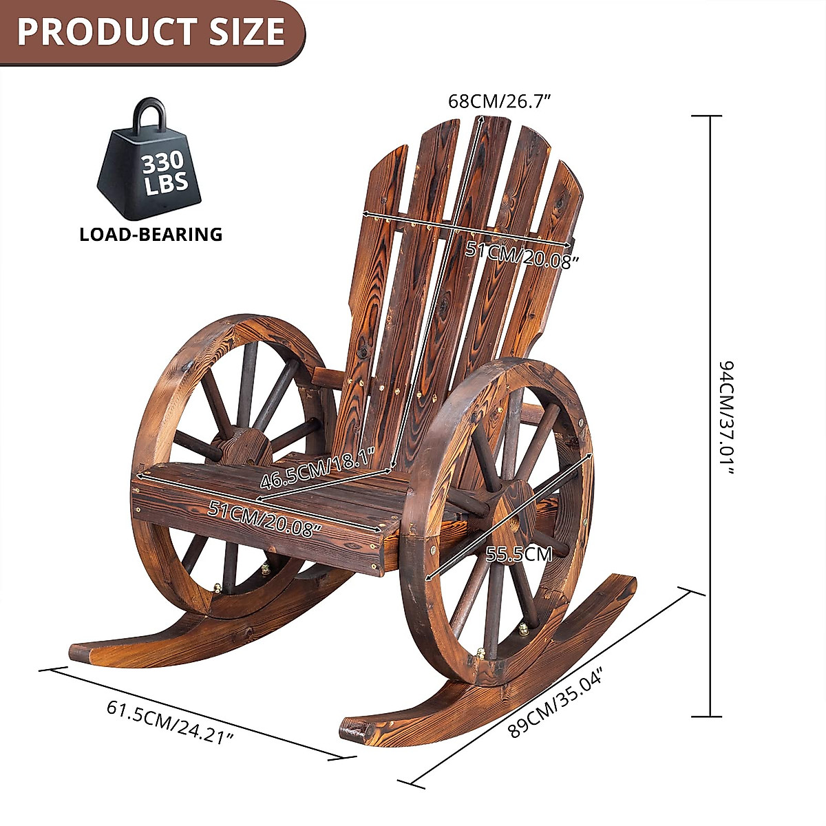 Ynredee Wooden Rocking Chair,Patio Rocker Chair with Slatted Design and Oversized Back Wagon Wheel Armrest for Porch,Poolside,Garden