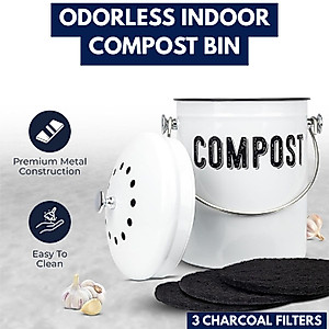 Granrosi Compost Bin Kitchen, Kitchen Compost Bin Countertop, Indoor Compost Bin, Countertop Compost Bin with Lid, 100% Rust Proof Compost Bucket w/ Non-Smell Charcoal Filters, 1.3 Gallon - White