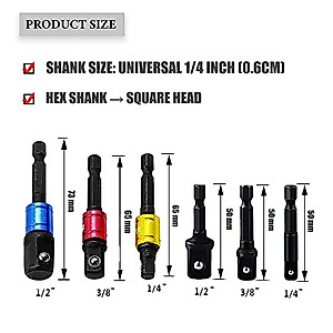 Impact Grade Power Drill Socket Adapter Sets 6 PCS, 50mm-73mm Long Impact Socket To Drill Adapter Set 1/4” 3/8” 1/2” Hex Shank Impact Driver Bit Set Socket Holder, Black Drill Bit Attachments -BCS6