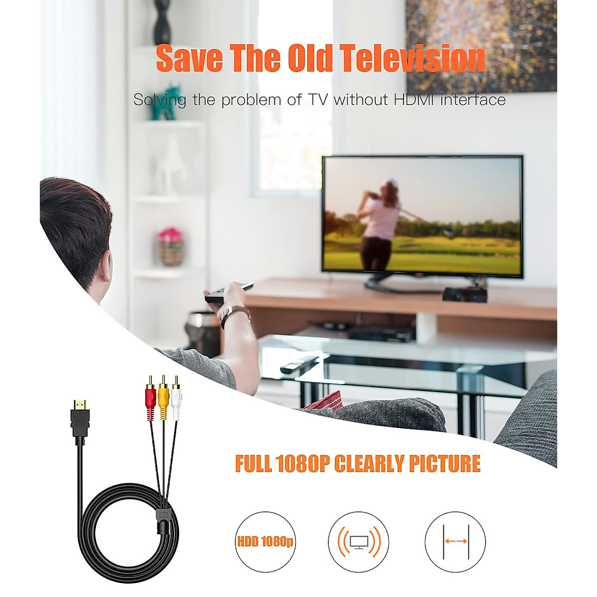 FAWETTY HDMI to RCA Cable, 1080P 5ft/1.5m HDMI Male to 3-RCA Video Audio AV Cable Connector Adapter Transmitter for TV HDTV DVD