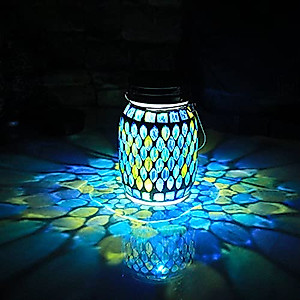 Mosaic Solar Lanterns Outdoor Hanging Lights, Solar Table Lamps & Cool Blue Color Mosaic Glass Lights, Outdoor Waterproof Solar Night Lights, Garden,Patio,Pathway & Yard Décor