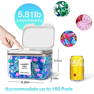 MUVEKA 94oz /2.8L Laundry Pods Container for Laundry Room Organization, Laundry Pod Up Holder with 30 Labels and scoop, Laundry Detergent Powder Container, Dryer Sheet Holder, 150 Pods