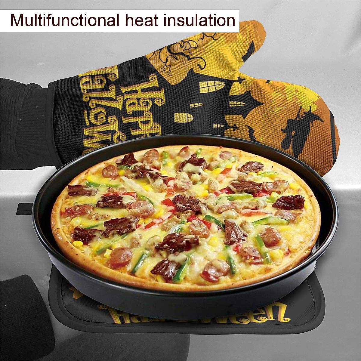Halloween Funny Oven Mitts and Pot Holders Sets Heat Resistant Oven Gloves with Non-Slip Surface for Reusable for Baking BBQ Cooking