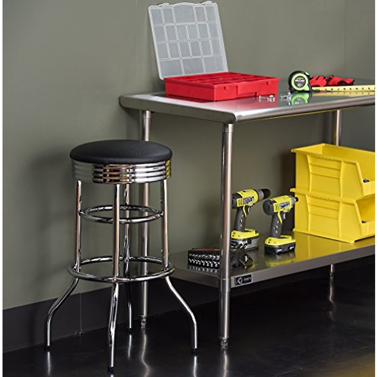 TRINITY Heavy Duty 30-Inch Backless Swivel Bar Stool for Kitchen, Garage, or Workshop, Chrome Finish with Faux Leather Seat, 2 Pack, Black