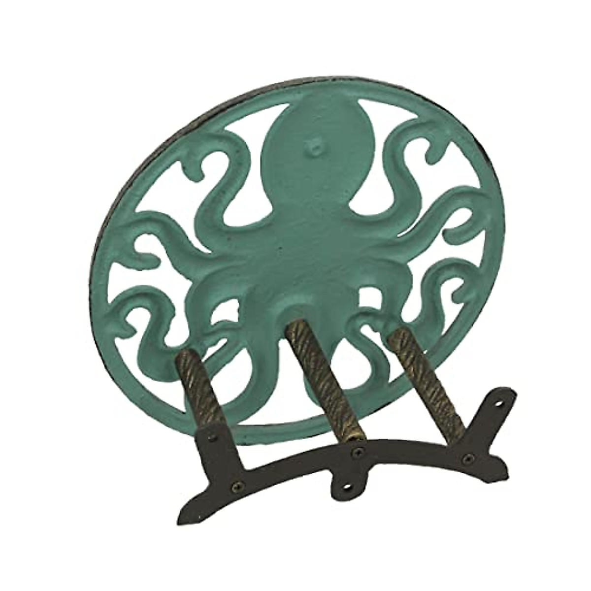Zeckos Cast Iron 12 inch Octopus Decorative Wall Mounted Hanging Garden Hose Holder Verdigris Green Finish - 125 ft Hose