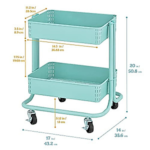 ECR4Kids 2-Tier Metal Rolling Utility Cart - Under Desk Office Storage, Multipurpose Mobile Organizer, Teal