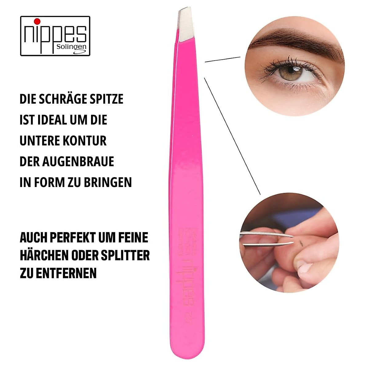 Nippes Stainless Steel Slant Pink Tweezers - Precision Pointed Slant - Quality Handmade in Solingen Germany - Professional Grade - Ergonomic Hand Grip - for Eyebrows, Eyelashes, Extensions [9.5 CM]