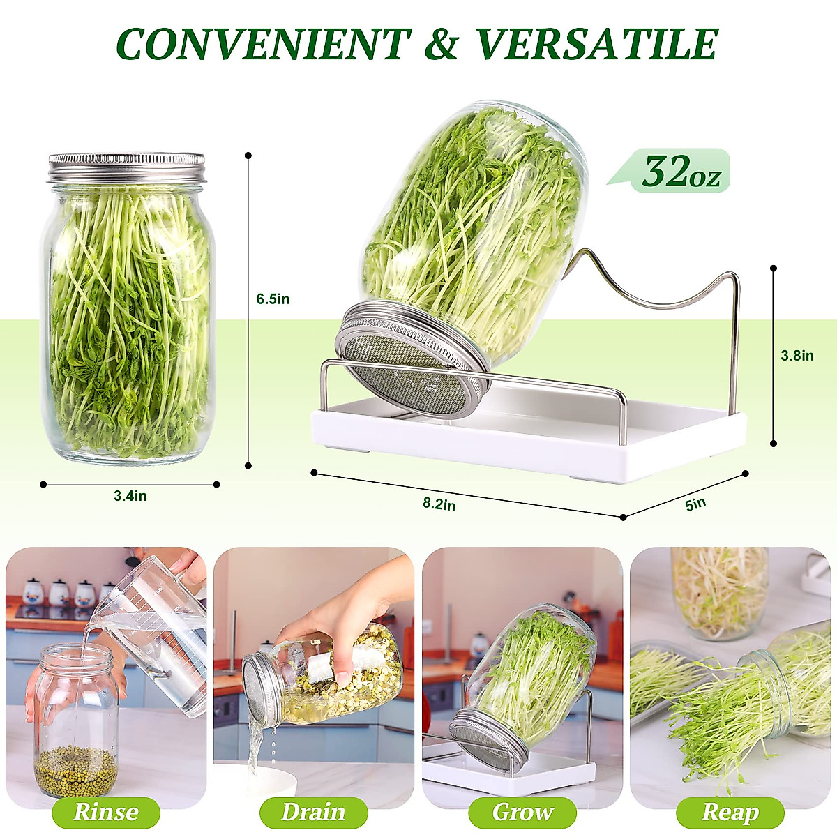 Sprouting Jar Kit 2Pcs Large Wide Mouth Mason Jars With Screen Sprout Lid,Sprouting Jar Stand,Tray,Blackout Sleeves,Brush-Seed Sprouting Kit For Growing Mung beans,Broccoli And So On