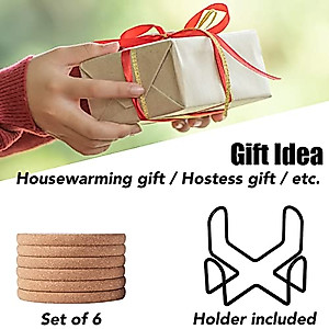 Drink Coasters with Holder, Absorbent Coaster, (6 Pack), Cork Felt Coasters, Coasters for Table Protection, Round Thick Coasters for Drinks, Glasses, Cups, Bar, Housewarming Gift, Light Gray.