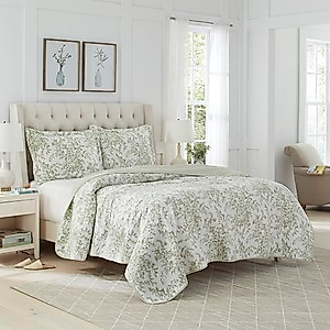 Laura Ashley - King Quilt Set, Reversible Cotton Bedding with Matching Shams, Lightweight Home Decor for All Seasons (Bedford Green/Off-White, King)