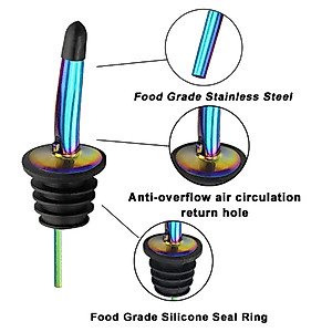 WAFJAMF 2 Pcs Liquor Pour Spouts, Stainless Steel Liquor Bottle Pourers with Rubber Dust Caps & Cleaning Brush,for Pours Liquid, Olive Oil, Wine (Rainbow)