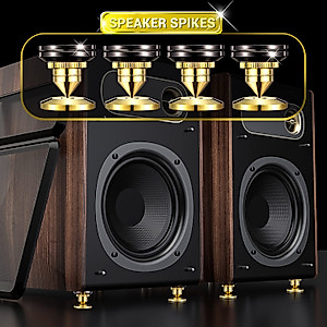 Facmogu 4PCS Golden Speaker Isolation Spikes with Plated Speaker Spikes Pads Mat, Speaker Spikes & Speaker Spike Pad Kit with Double-Sided Adhesive for Subwoofer CD DVD Player Audio Amplifier Recorder