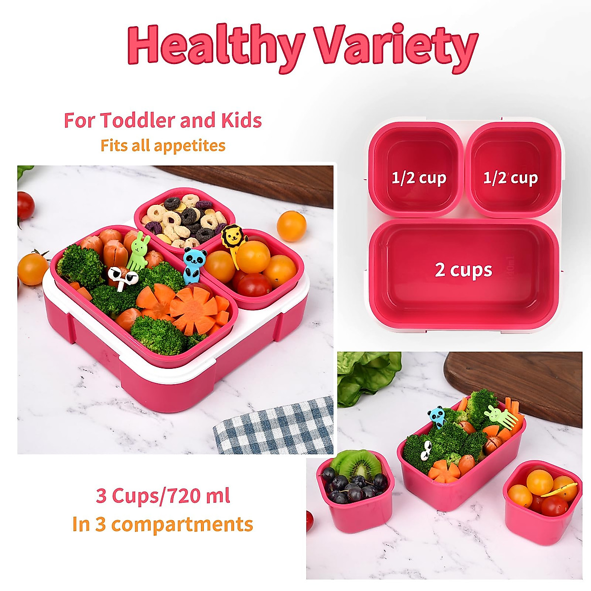 Genteen 2 Packs Bento Box for Kids, Kids Lunch Box with 3 Removable Compartments, Toddler Lunch Box for Daycare, School, BPA-Free Lunch-Box Snack Portion Container (Dark Pink + Purple)