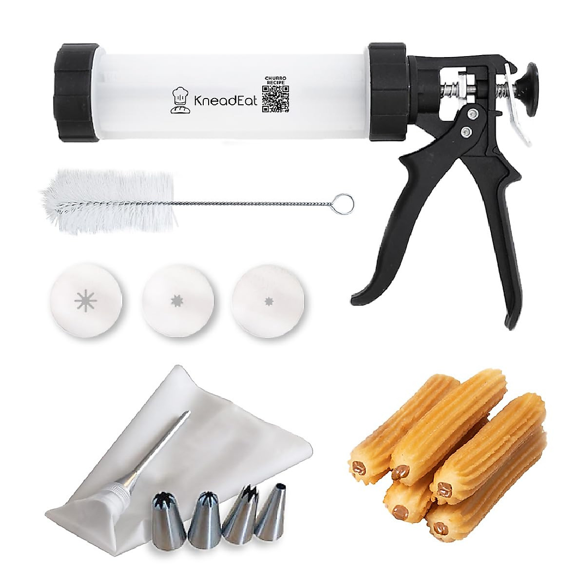 KneadEat Churro Maker Professional Churrera - Churros Gun Kit Set. Includes a Piping Bag with a Large Needle. QR e-recipe included (Gun 1lb)