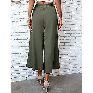 KTILG Linen Pants for Women Casual Loose Fit Palazzo High-Waisted Wide-Leg Culottes Trousers Pants with Pockets Army Green