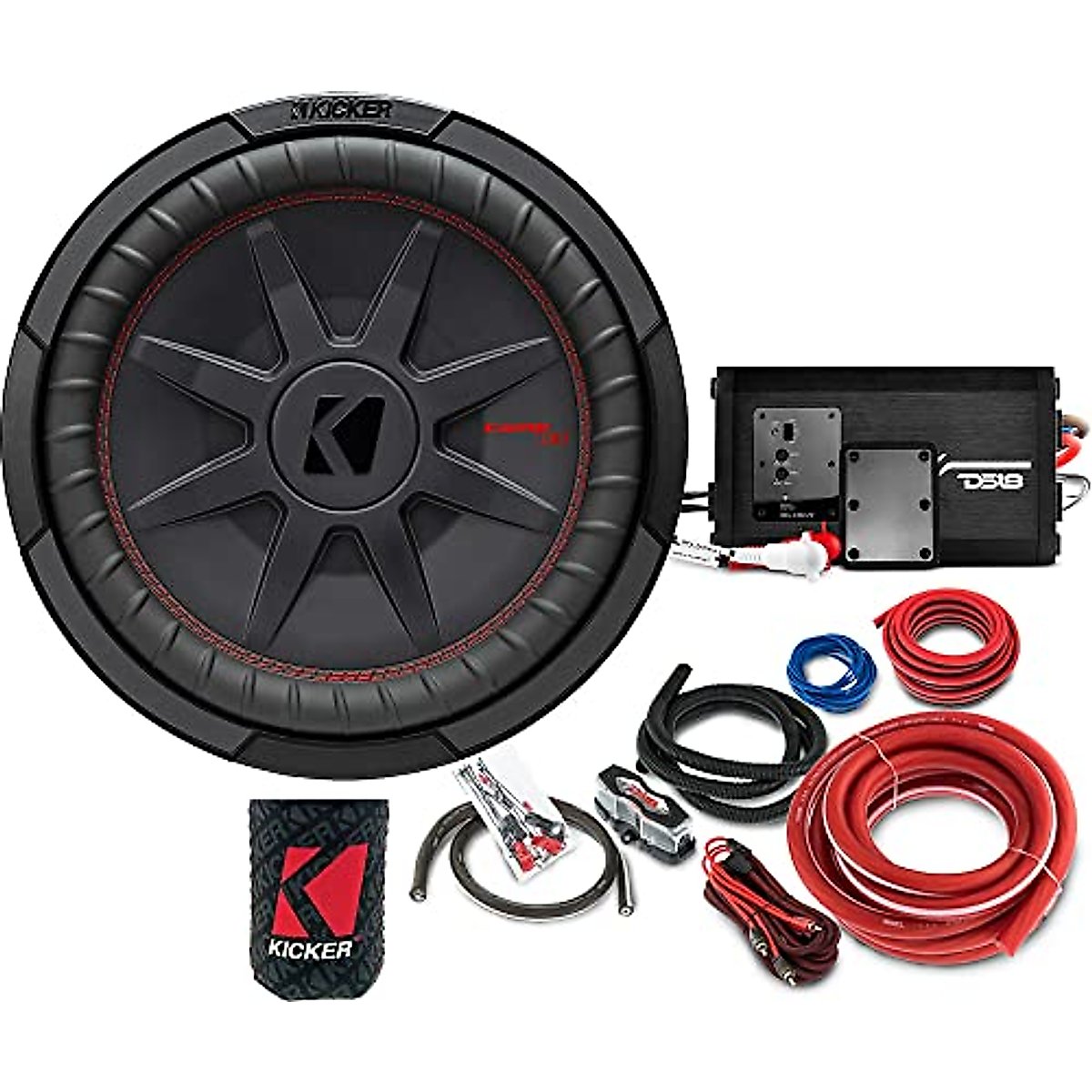 KICKER Subwoofer and Amp Package of 3 Items - 8" CompRT 600 Watt Max Sub, DS18 Class D 2-Channel Amplifier, and Complete 8AWG Wiring Kit
