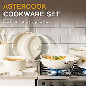 Astercook 21 Pcs Pots and Pans Set Non Stick, Ceramic Cookware Set Detachable Handle, RV Kitchen Cooking Set Removable Handles, Oven Safe, Induction Ready, Stackable Non-stick Set, Cream White