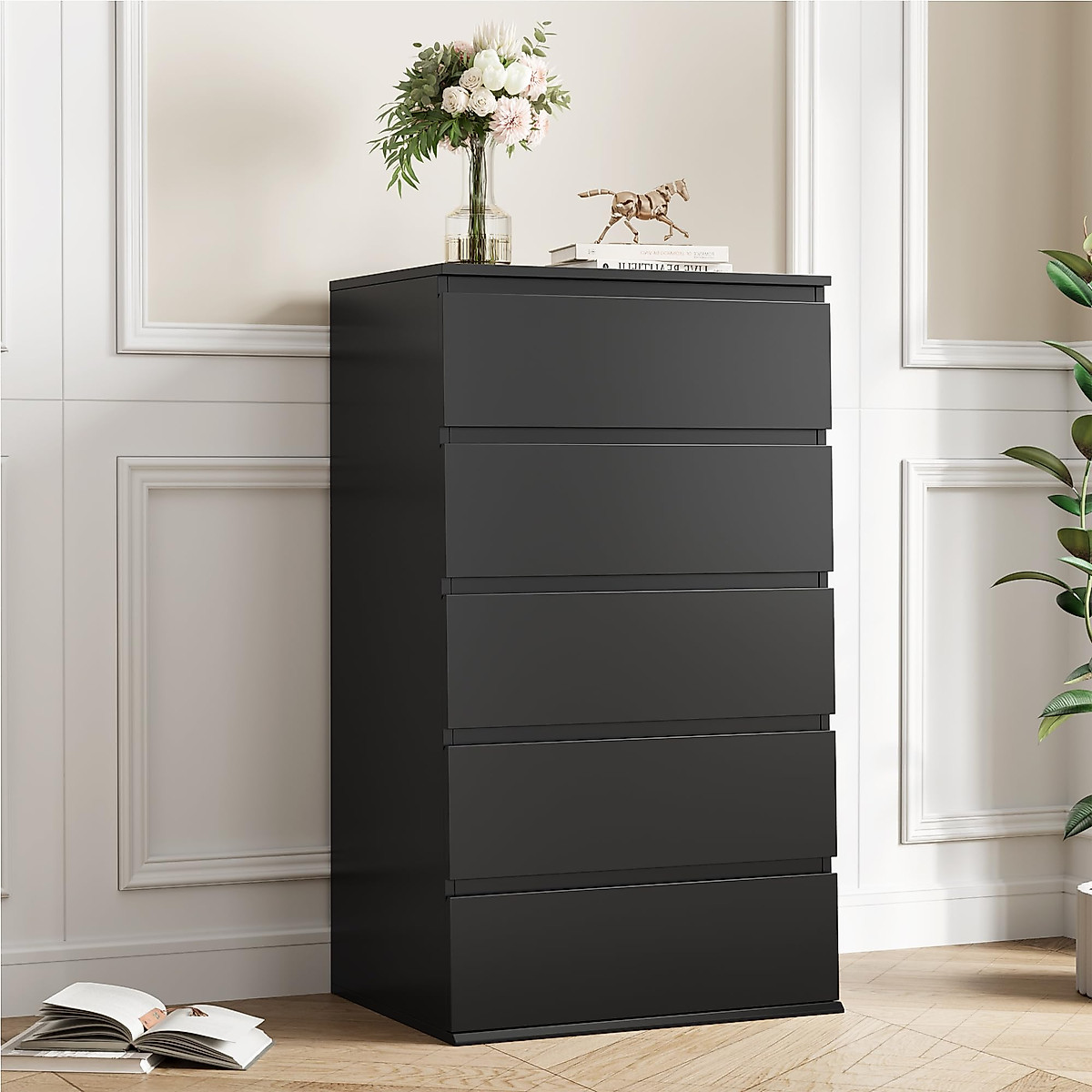 FOTOSOK Black Dresser, 5 Drawer Dresser Tall Black Dresser with Large Storage Space, Modern Storage Chest of Drawers, 23.6L x 17.6W x 39.1H Inch Storage Organizer Cabinet for Home, Black