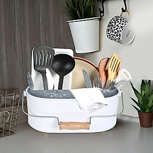 Goroly Home Galvanized Utensil Caddy with Wooden Handle for Kitchen Counter, Silverware Organizer for Flatware, Condiments, Party Supplies - White