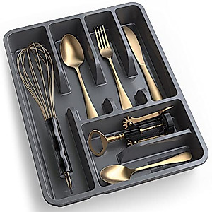 Mueller Flatware Kitchen Drawer Organizer, 10" x 13" Silverware Organizer, 6 Compartments, Heavy-Duty, Cutlery Tray for Utensils or Stuff, Dining Room, Living Room, Compact, Dark Grey