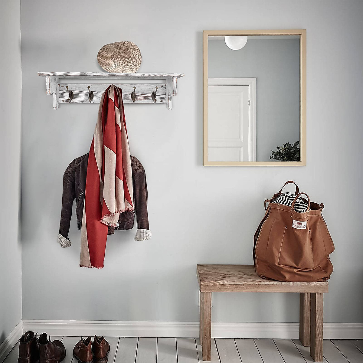 35" Long Coat Rack Wall Mount with Shelf, Rustic Wooden Entryway Shelf with 8 Hanger Hooks, Farmhouse Mounted Pinewood Floating Wall Hook Rack Shelf for Kitchen Bathroom Mudroom Laundry, White