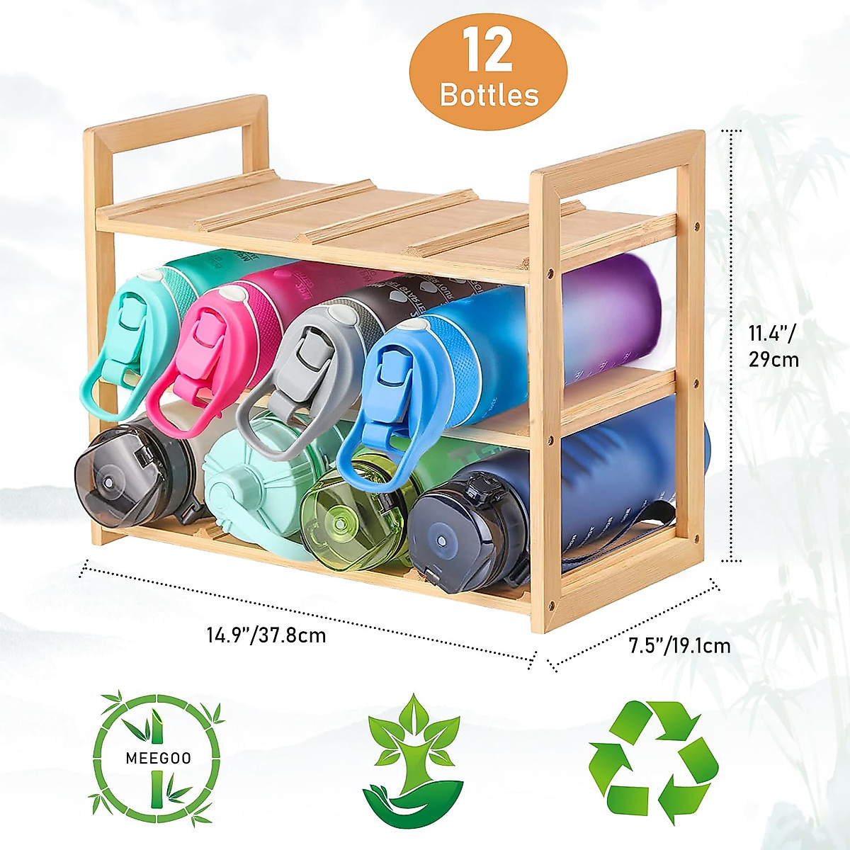 Meegoo Water Bottle Organizer, Bamboo Stackable Water Bottle Holder, 12 Freestanding Water Bottle Holder Rack, Storage for Cabinet Kitchen Countertops, Table Top, Pantry, Classroom, Yoga Room, Gym