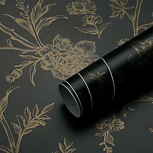 Safiyya Peel and Stick Wallpaper Gold and Black Contact Paper Floral Birds Wallpaper Peel and Stick Removable Wallpapr Boho Wallpaper Flower Contact Paper for Cabinets Vinyl Rolls 118"x17.3"