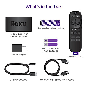Roku Express 4K+ | Streaming Media Player HD/4K/HDR with Smooth Wireless Streaming and Roku Voice Remote with TV Controls, Includes Premium HDMI® Cable