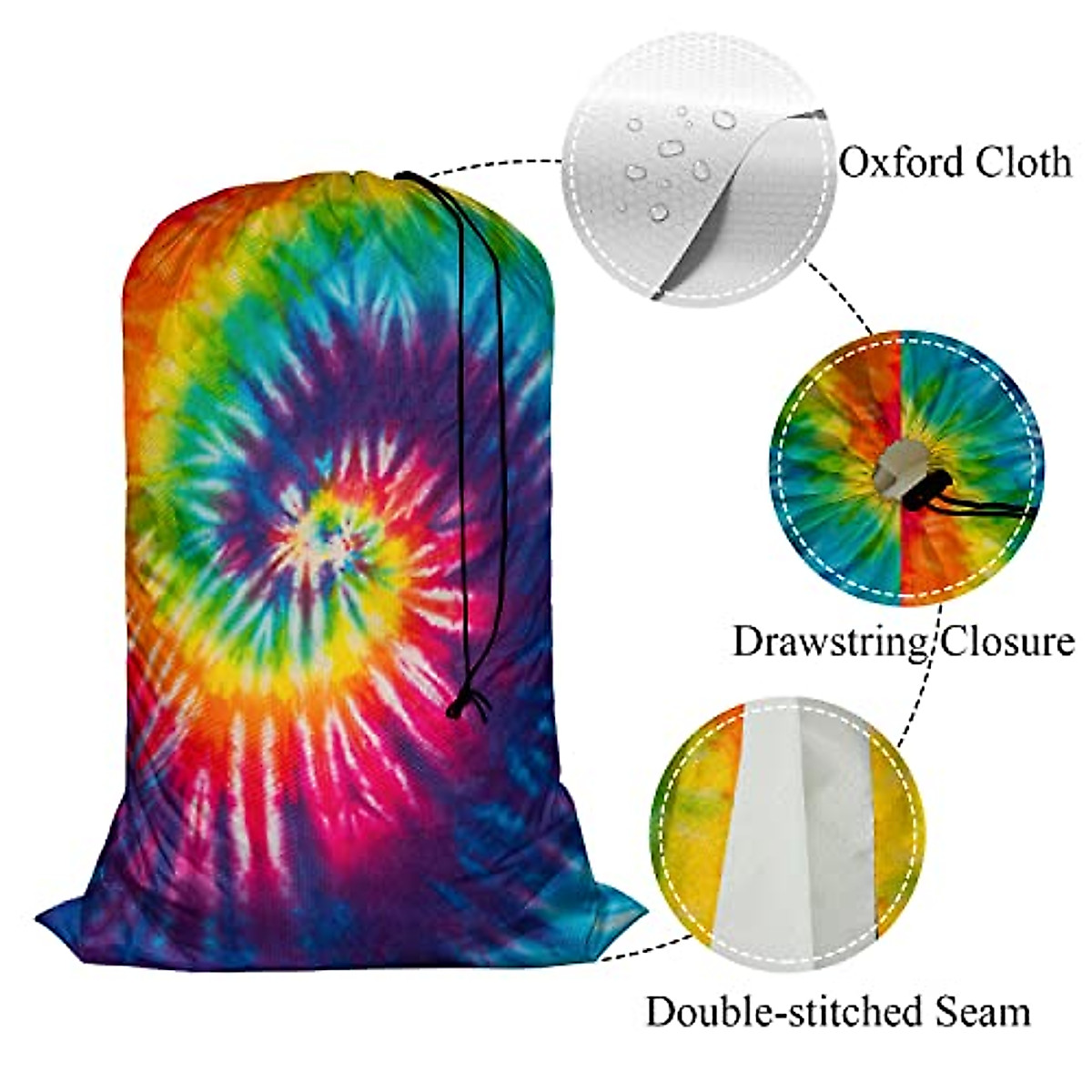 Swono Tie Dye Laundry Bag Drawstring Closure Colorful Psychedelic Rainbow Abstract Pattern Heavy Duty Laundry Portable for Home Dorm Room Essentials for Travel Camp, Oxford Cloth, Spiral