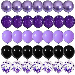 Purple and Black Balloons, 12 Inch Dark Purple Light Purple Black Balloons with Metallic Purple Confetti Latex Balloon Set for Girls Women Halloween Birthday Bridal Shower Wedding Party Decorations