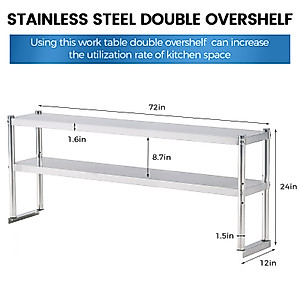 KUARBARR Stainless Steel Double Overshelves 2 Tier Overshelf for Prep & Work Table 12 x 72 Inches Height Adjustable Commercial Overshelf in Restaurant Kitchen Home