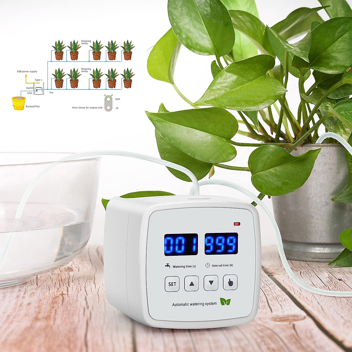 automatic drip irrigation kit auto plant waterer for 10 potted plants self watering planter System Dual display ergonomic Easy DIY Indoor white