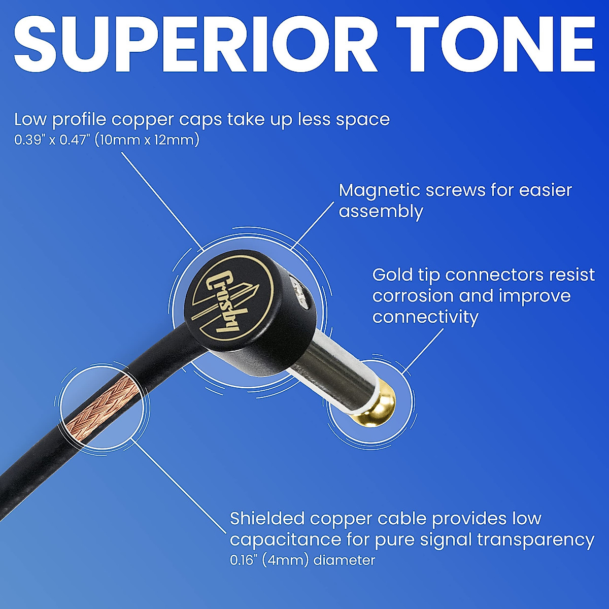 Crosby Solderless Pedalboard Cable Kit - No Cable Stripping Required, 10 Feet of Cable & 10 Gold Tip Connectors with Magnetic Screws & Screwdriver Make 5 DIY Custom Patch Cables