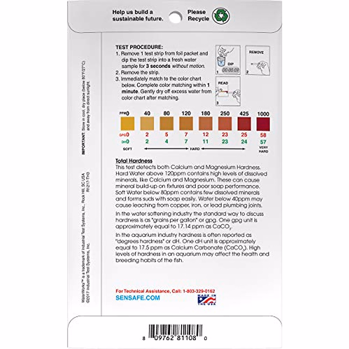 Industrial Test Systems WaterWorks 481108 Total Hardness Test Strip, 3 Second Test Time, 0-1000ppm Range (Pack of 30)