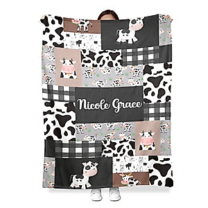 Personalized Baby Blanket - Soft Cow Print Patchwork Custom Blanket - Baby Shower Toddler Nursery Bed Blankets Stroller Crib 30x40 in