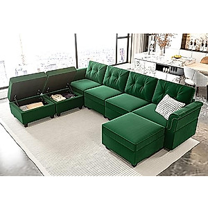 Belandi Modular Sectional Sofa U Shaped Convertible Sofa Couch with Storage, 7-Seat Velvet Modular Sofa with Ottomans, Oversized Sofa Couch with Reversible Chaises for Living Room, Green