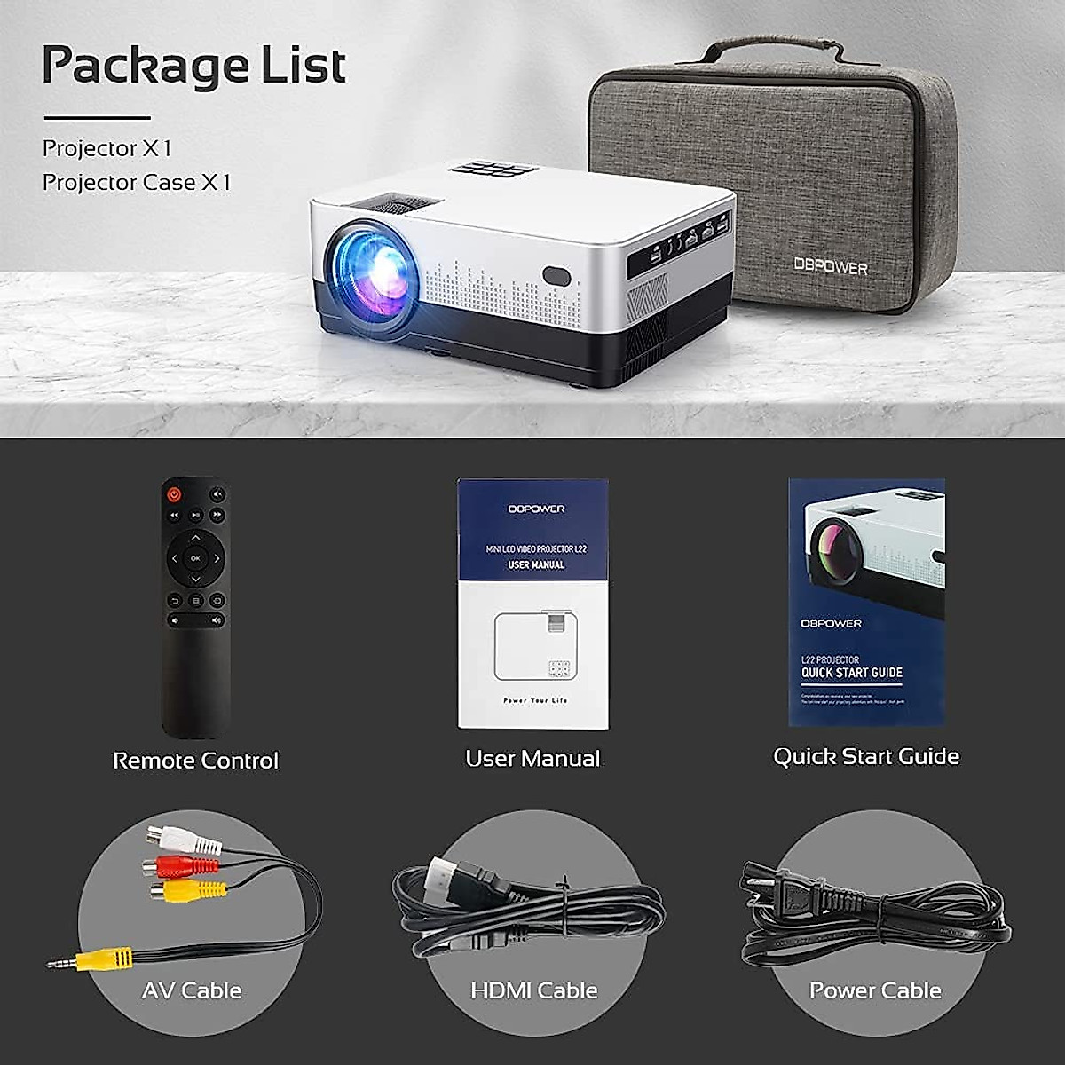 DBPOWER WiFi Projector, 9000L Full HD 1080p Video Projector with Carry Case, Support iOS/Android Sync Screen, Zoom&Sleep Timer, 4.3” LCD Home Movie Projector Compatible w/Smart Phone/Laptop